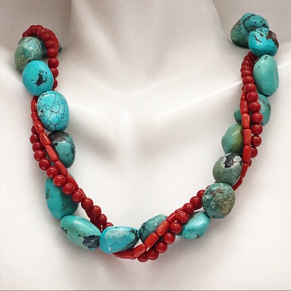 Jewelry | Southwestern Turquoise Red Coral Torsade Necklace | Poshmark
